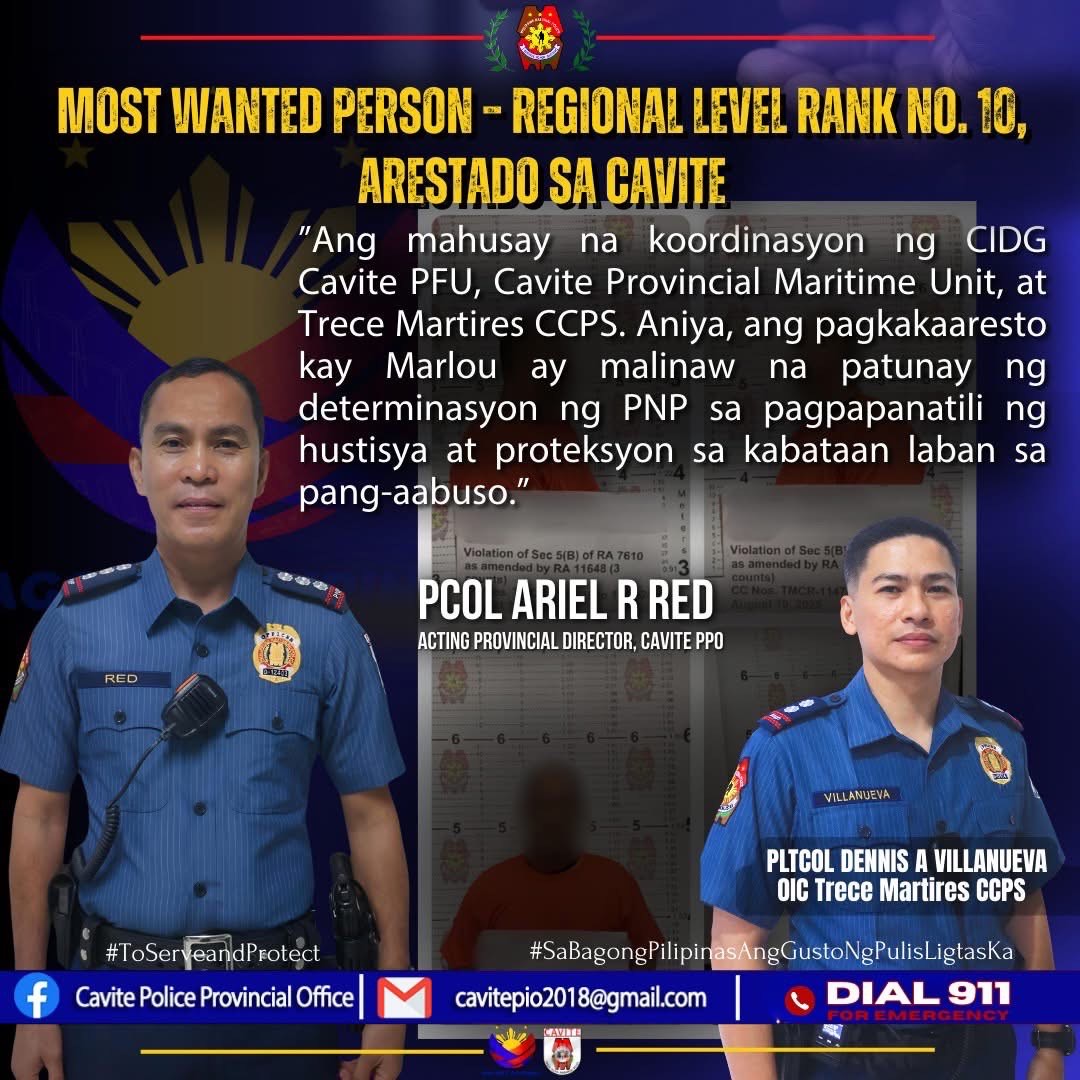 Rank 10 Regional Most Wanted Person, arestado ng Cavite PNP