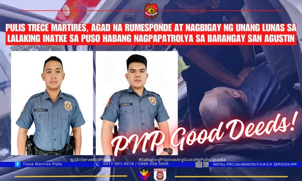 Pulis Trece Martires, nagligtas ng lalaking inatake sa puso