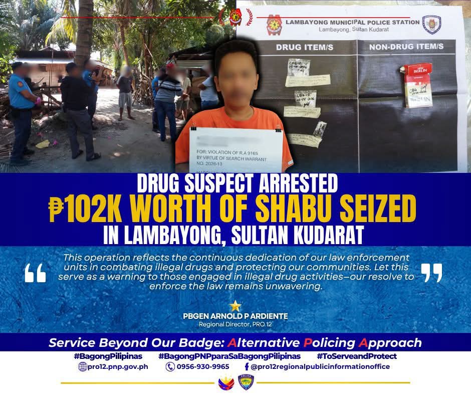 Php102K halaga ng shabu, nasabat ng PRO 12; magsasaka, arestado
