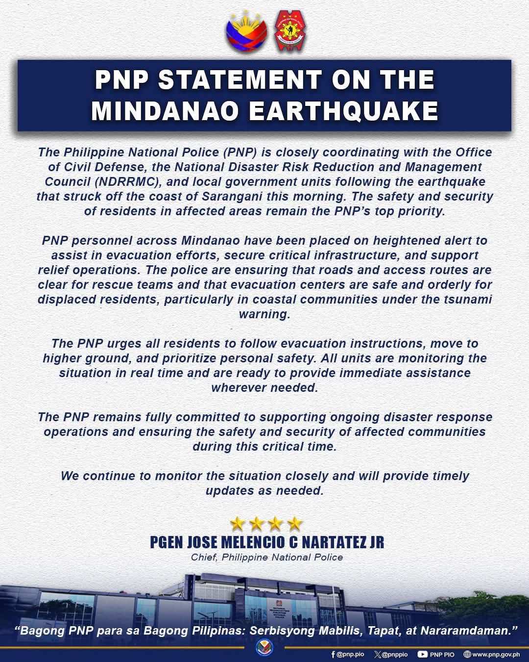 PNP, nakaalerto at handang tumugon matapos ang lindol sa Mindanao